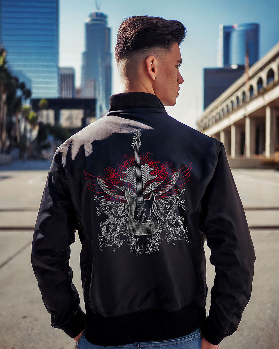 Men's Guitar Wings Bomber Jacket in Black by Rock Roll n Soul